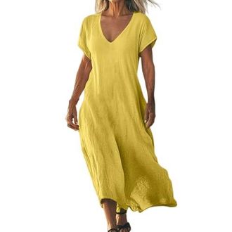 Generic Robe de plage d&eacute;t&eacute; en coton &agrave; manches courtes et col en V pour femme - Robe longue confortable et fluide, jaune, 4XL