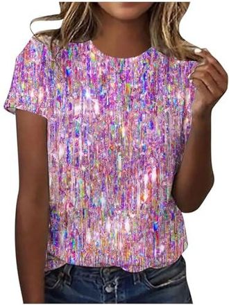 Generic T-shirt &agrave; manches courtes et col rond pour femme Effet cristal iris&eacute; Pour f&ecirc;te, festival, tenue d&eacute;contract&eacute;e, violet, XXL
