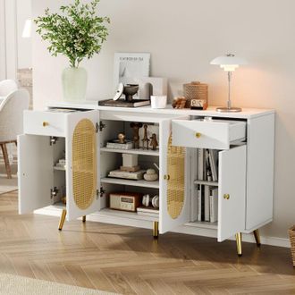 STILVORA Buffet Et Enfilade avec 4 Portes et 2 Tiroirs, &Eacute;tag&egrave;res R&eacute;glables, Style Moderne, en Panneaux de Particules, Blanc Et Naturel, 140&times;35&times;82 cm
