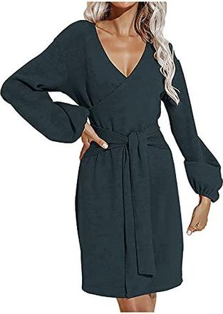 Generic Robes amincissantes pour femmes, robe d&eacute;contract&eacute;e, col en V profond, manches longues, sac de hanche, l&eacute;ger, mince, couleur unie, nou&eacute; &agrave; la taille, lo