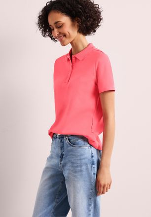 Street One Poloshirt STREET ONE, Damen, Gr. 40, striking coral, Web, 97% Baumwolle, 3% Elasthan, unifarben, normal normal, hoch geschlossener Ausschnitt, abgeste