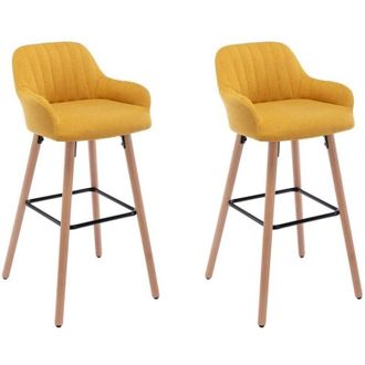 Vente-Unique Lot de 2 tabourets de bar en tissu et pieds bois de hêtre - Jaune - ELEANA