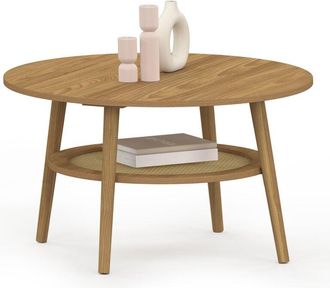 IDMarket Table basse 70 cm HANAE ronde bois façon hêtre et plateau effet naturel cannage