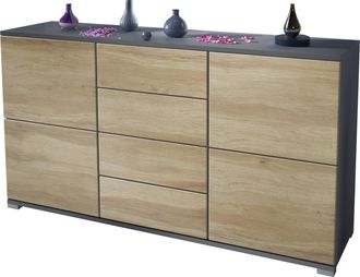 Vladon Sideboard Rova V1, Kommode mit 4 T&uuml;ren und 4 Schubladen, Anthrazit matt/Eiche Wotan (138,5 x 75,5 x 35)
