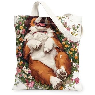 Generic Sac fourre-tout en toile motif chien du printemps Saint-Bernard 33 x 38,1 cm, joli champ de fleurs r&eacute;utilisable, sac d&eacute;picerie pour femme, peinture da