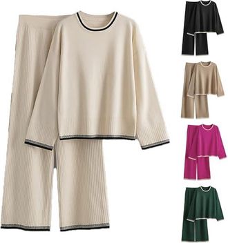 Generic Pyjama pour femme - Long - Manches longues - Pull en tricot côtelé - Haut et pantalon - Ensemble pyjama élégant - Vêtement de nuit - Jambes larges - C