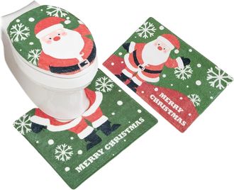 Generic Weihnachts WC-Garnitur 3-teilig | Matte Weihnachtsmann Rentier - rutschfest Badteppich Deckelbezug Sp&uuml;lkastenbezug Saugf&auml;hig