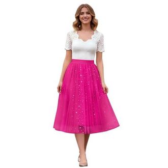 Generic Jupe pour femme avec &eacute;toiles paillet&eacute;es, 3 couches, jupe midi en tulle noir &eacute;lastique, Rose, XL