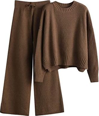 Generic Femme 2 Pcs Pull Ensemble Tricot&eacute; Hiver Sweater Top en Maille Sweatshirt Chaud Chandail Sport Pantalon Jambe Large Hiver Ensemble Sportswear Longues O