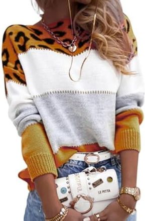 Generic Pull d&eacute;contract&eacute; &agrave; manches longues pour femme - Imprim&eacute; l&eacute;opard - Pull en tricot surdimensionn&eacute; - Pull dautomne ample &agrave; col rond, 002-Jaune, XXL