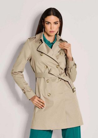 Madeleine Trenchcoat Langarm Trenchcoat mit Bindeg&uuml;rtel Zweireihiger Kurzmantel mit Karofutter und G&uuml;rtel, Hemdkragen