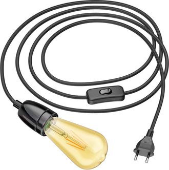 LEDs Com Textilkabel LEHA II mit Stecker, Schalter und E27 Porzellan-Fassung, schwarz, 3 m, inkl. E27 Lampe Vintage gold extra-warmweiß