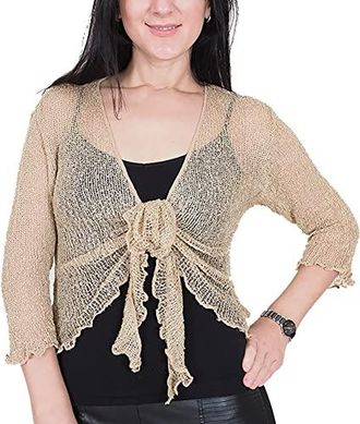 Mimosa Bol&eacute;ro au crochet pour femme &agrave; paillettes ou uni en dentelle super extensible avec filet de poisson &agrave; nouer &agrave; la taille Bol&eacute;ro Cardigan ouvert pour UK