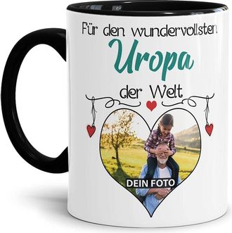 Tassendruck Tasse mit Spruch - Wundervollster Uropa der Welt - personalisiert mit Wunschfoto - Geschenkidee f&uuml;r den besten Uropa - Innen & Henkel Schwarz, 300 ml