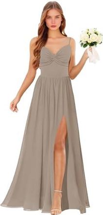Generic Robe de demoiselle dhonneur en mousseline de soie avec col en V et bretelles spaghetti, longue robe de soirée plissée avec fente, taupe, 58 Grande tai