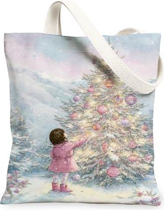 Generic Sacs fourre-tout en toile motif sapin de No&euml;l, design dhiver vintage, sacs d&eacute;picerie l&eacute;gers et lavables, bandouli&egrave;re r&eacute;utilisable en toile Fo, bleu ci