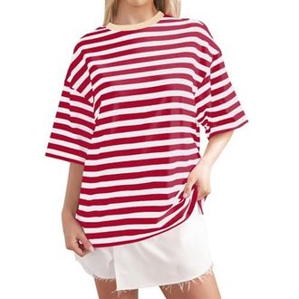 Generic T-shirt &agrave; rayures d&eacute;contract&eacute; pour femme avec col rond et manches courtes pour le printemps. T-shirt ray&eacute; minimaliste et confortable, rouge, XXL