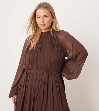 Lace & Beads Plus Robe longue en mousseline &agrave; manches ballon - Chocolat-Brown