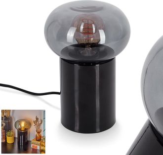 HOFSTEIN Tischleuchte Tati, moderne Nachttischlampe aus Metall/Glas in Schwarz/Rauchfarben, runde Tischlampe im Retro-/Vintage Design, Ø 15cm, Höhe 22cm, m. An