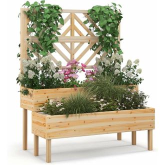 Costway Costway - Blumenkasten mit Spalier aus Tannenholz, Gartenspalier mit 2 Rankk&auml;sten, Pflanzkasten f&uuml;r Kletterpflanzen, Hochbeet mit Rankgitter &