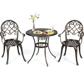 Costway 3tlg. Bistro-Set mit 2 St&uuml;hlen & Beistelltisch, runder Tisch mit abnehmbarem Eisk&uuml;bel & 2 St&uuml;hlen aus Gussaluminium, Gartenm&ouml;bel-Set f&uuml;r Veranda