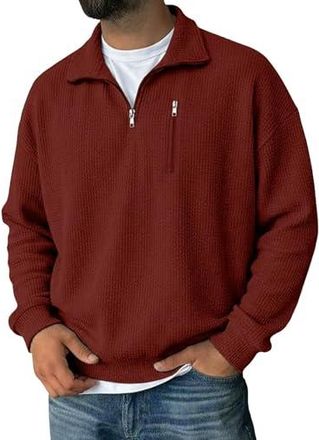 Generic Sweat-shirt ample pour homme, col montant ray&eacute;, fermeture &eacute;clair 1/4, manches longues, bordeaux, S