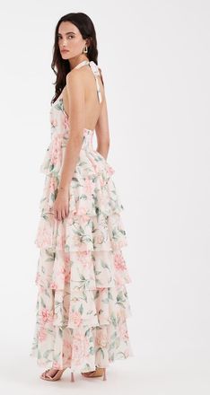 Vero Moda Felicia - Robe longue dos nu &agrave; volants &eacute;tag&eacute;s et imprim&eacute; roses - Cr&egrave;me-Blanc