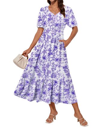 Grace Karin Damen Sommerkleid Midi Kurzarm V-Ausschnitt Blumenkleid Hochzeitsgast Kleid Freizeitkleid Lila Blumen S