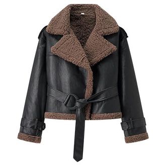 Generic Veste polaire courte pour femme en cuir synth&eacute;tique avec doublure Sherpa pour lhiver et le printemps, marron, M