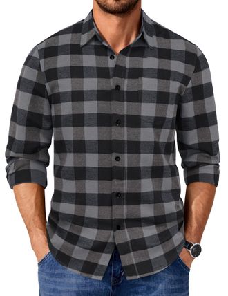 Coofandy Herren Shirt Kariert Langarm Karo Hemd Freizeit Langarmshirt Männer Baumwolle Flanellhemd mit Brusttasche Schwarz Grau 3XL