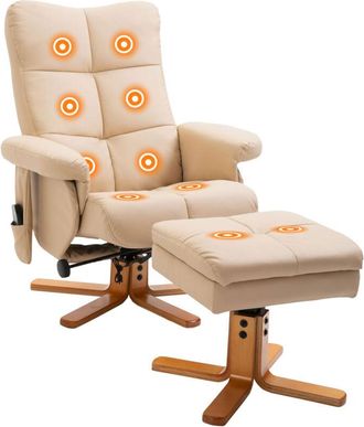 HOMCOM Fauteuil relax massant avec pouf - HOMCOM - pivotant &agrave; 360&deg;, dossier inclinable, t&eacute;l&eacute;commande - PU - 80 x 86 x 99 cm - cr&egrave;me