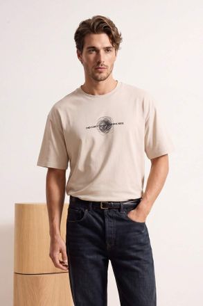 Trendyol MAN Herren Beige Slogan Kurz Oversize T-Shirts