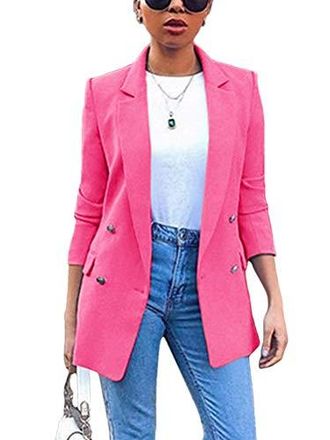 Minetom De Costume Femme Blazer &agrave; Manches 3/4 Slim Fit Veste de Tailleur Bouton &Eacute;l&eacute;gant Casual Business Soir&eacute;e Revers Manteau Rose 40