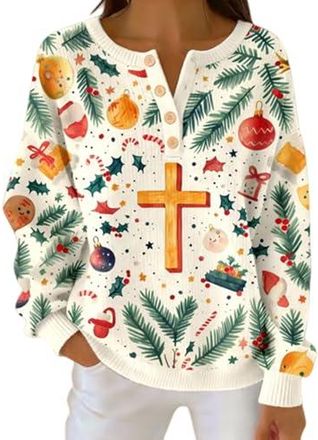 Generic Chandail de Noël surdimensionné à col en V et boutons pour femme, pull de Noël décontracté à manches longues, motif amusant de Noël, pull à manches lo