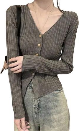 Generic Cardigan court &agrave; manches longues et col en V pour femme, gris, Taille XS