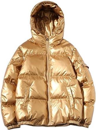 Generic Manteau dhiver &eacute;pais et brillant pour homme - Doudoune brillante &agrave; capuche pour homme, dor&eacute;, XL
