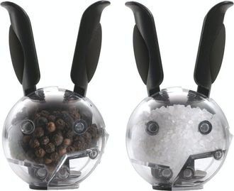 Chef'n PepperBall und SaltBall, Salz- und Pfeffermühlen, Mini-Magnetmühlen-Set mit hasenähnlichen Ohren für den Griff, klar und schwarz, 1 Set