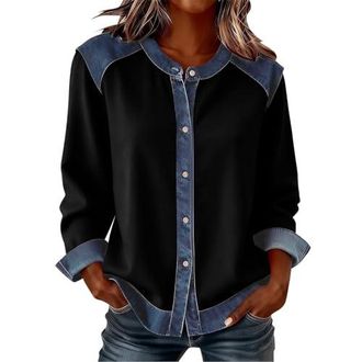 Generic Chandail en jean pour femme, col rond, boutonn&eacute;, patchwork, cardigan en denim, chemises vintage, veste d&eacute;contract&eacute;e, pull pour femme, Noir, XXL
