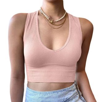 Minetom Damen Tank Top Sexy Tiefer V Ausschnitt Crop Tops Sommer &Auml;rmellose Basic Shirt Camisole Bauchfrei Oberteile A Rosa M