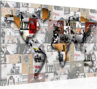 Runa Art Bild Weltkarte Banksy Collage Modern Wandbilder Wohnzimmer Büro 1 Teilig - Made In Germany - Pop Art Rosa Flur 104515b