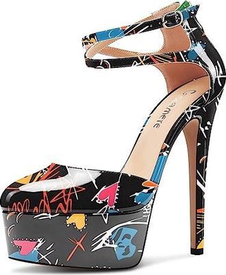 Castamere Femmes Aiguille Haut High Plate-Forme Talon Heel Rond Bout Lanières Cheville Escarpins Mariage Danse Dress 15 CM Heels Noir Gribouillis 38 EU