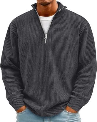 Generic Pull pour homme avec demi-fermeture &eacute;clair sans capuche en velours c&ocirc;tel&eacute; d&eacute;contract&eacute; &agrave; col montant T-shirt &agrave; manches longues confortable Pull de trav