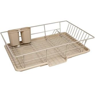 Sweet Home Collection Dish Drying Rack Abtropfgestell, 3-teiliges Set mit Trockenbrett und Utensilienhalter, Metall-Kunststoff, beige