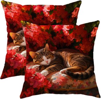 Generic Frühlingskatzen-Kissenbezüge, warmbraun, getigerte Katze, Blumenmuster, dekorative quadratische Kissenbezüge für Zuhause, Sofa, Bett, Couch, 45,7 x 45