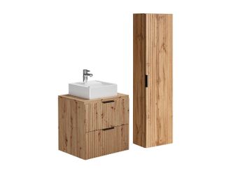 Vente-Unique Waschbeckenunterschrank h&auml;ngend mit Ablagen & Aufsatzwaschbecken + S&auml;ule - Streifenoptik - Hell-Natur - 60 cm - ZEVARA
