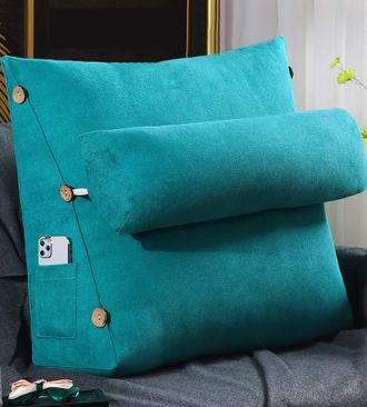 Railonch Dreieck-Keilkissen R&uuml;ckenkissen Bett/Sofa mit Abnehmbarer Nackenrolle und Seitentasche F&uuml;r B&uuml;ro, Lesen oder Fernsehen (45 * 48 * 20CM,Blauer See)