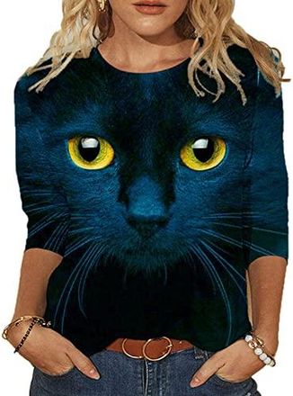 Keephen Pull à Manches Longues et imprimé Chat pour Femme T-Shirt à Motif Lune et Chat Coupe régulière Sweat-Shirt à col Rond Confortable Tops T-Shirt