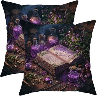 Generic Halloween-Wicca-Buch Sofakissen Luxuri&ouml;se Dekokissenbezug Atmungsaktiv Dekokissen F&uuml;r Balkon Sofa Schlafzimmer 45X45Cm 2Er Set