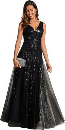 Ever-pretty Robes de Soirée Femme Longue Paillettes Tulle Taille Empire sans Manches Col V Moulante Noir 46
