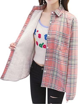 Minetom Automne Hiver Chemise Femme Blouse Manche Longue &agrave; Carreaux Chaud Doublure Polaire Bouton Tops Tunique Chemisier Veste Shirt Multicolore L